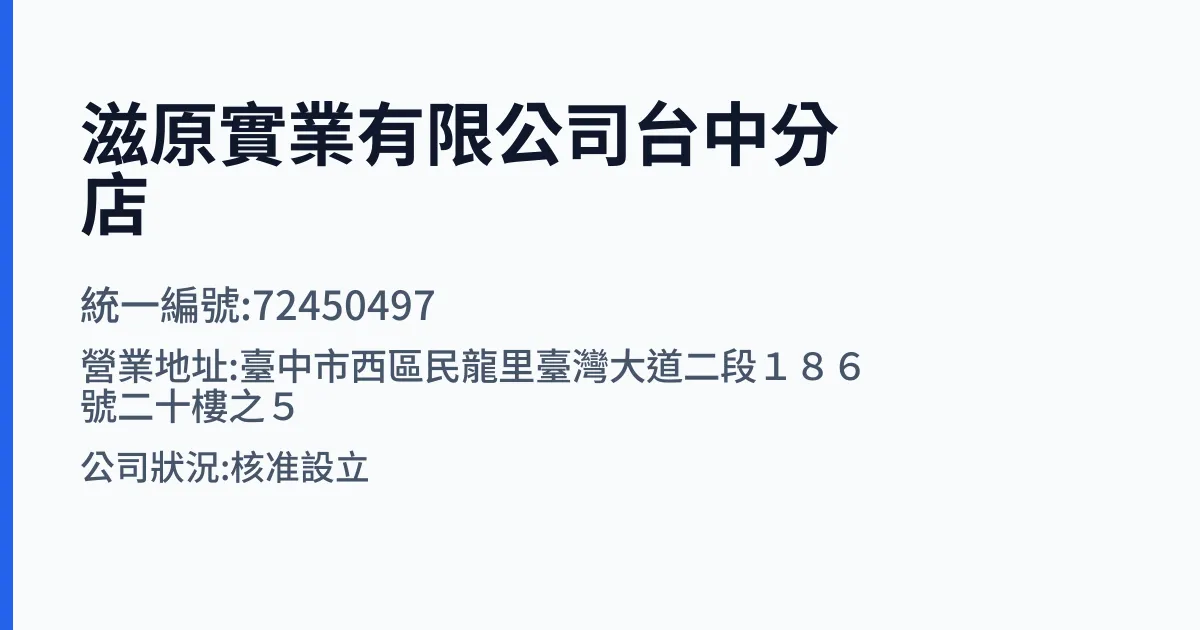 滋原實業有限公司台中分店 - 統編 72450497(臺中市) 公司登記資料與營業項目詳細圖表