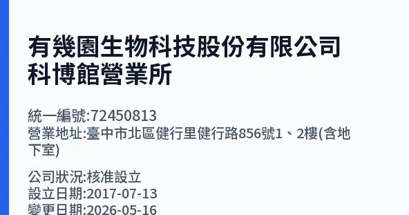 有幾園生物科技股份有限公司科博館營業所的照片-統編 72450813(臺中市) 公司登記資料與營業項目詳細圖表