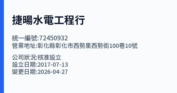 捷暘水電工程行的照片-統編 72450932(彰化縣) 公司登記資料與營業項目詳細圖表