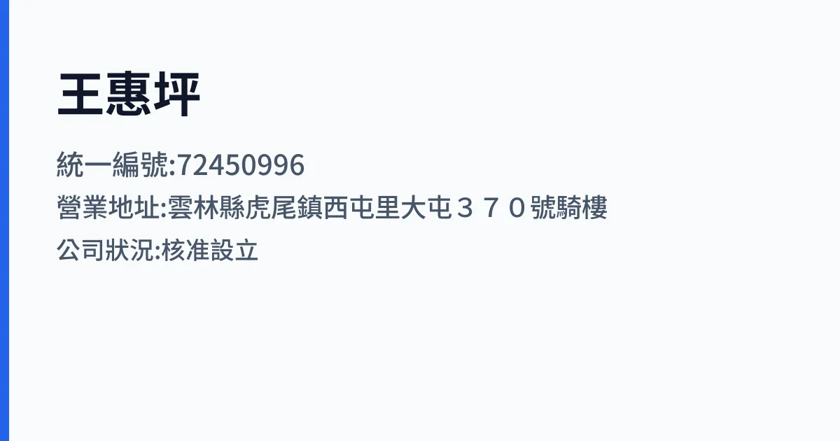王惠坪 - 統編 72450996(雲林縣) 公司登記資料與營業項目詳細圖表