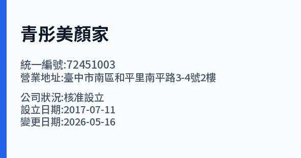 青彤美顏家的照片-統編 72451003(臺中市) 公司登記資料與營業項目詳細圖表