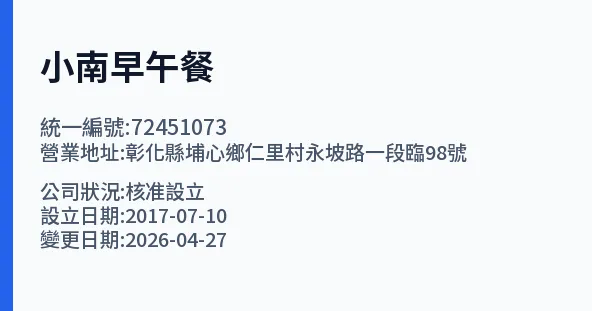 小南早午餐的照片-統編 72451073(彰化縣) 公司登記資料與營業項目詳細圖表