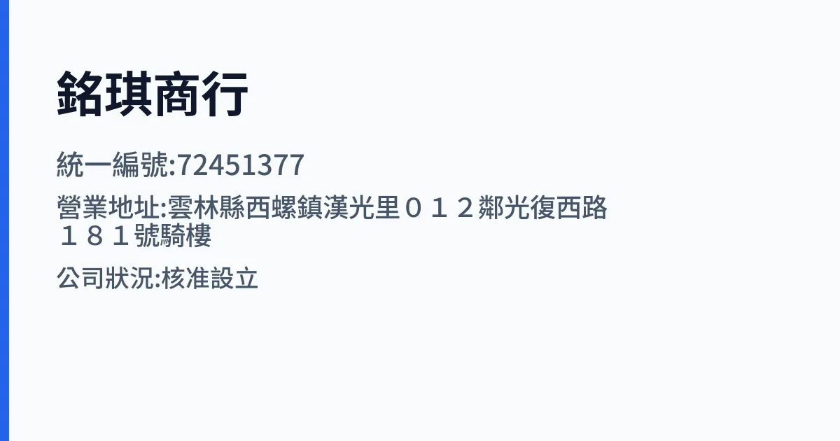 銘琪商行 - 統編 72451377(雲林縣) 公司登記資料與營業項目詳細圖表