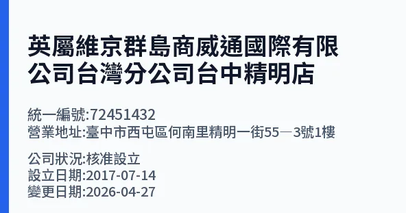 英屬維京群島商威通國際有限公司台灣分公司台中精明店的照片-統編 72451432(臺中市) 公司登記資料與營業項目詳細圖表