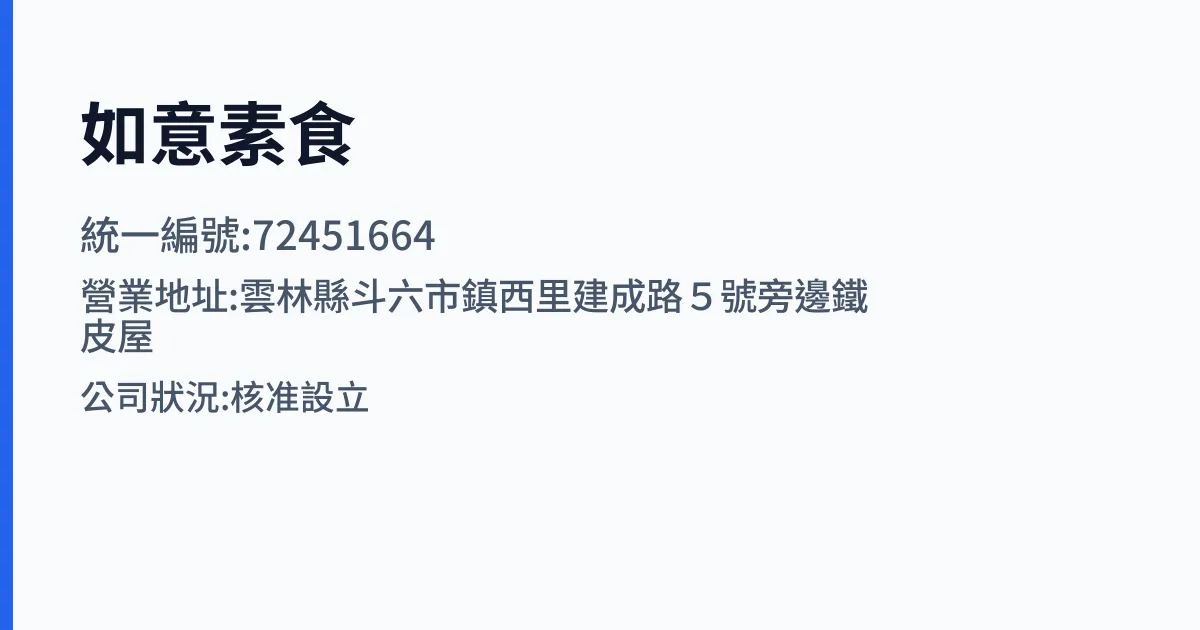 如意素食 - 統編 72451664(雲林縣) 公司登記資料與營業項目詳細圖表