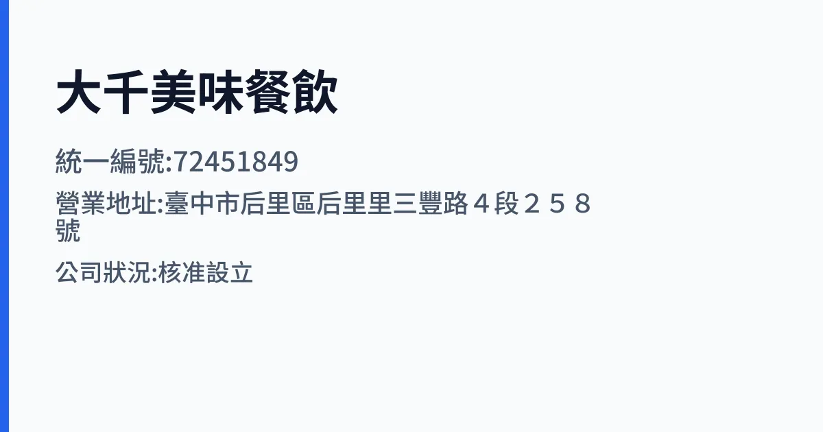 大千美味餐飲 - 統編 72451849(臺中市) 公司登記資料與營業項目詳細圖表