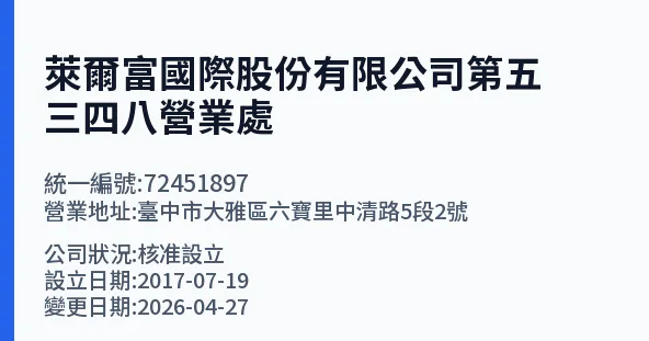 萊爾富國際股份有限公司第五三四八營業處的照片-統編 72451897(臺中市) 公司登記資料與營業項目詳細圖表