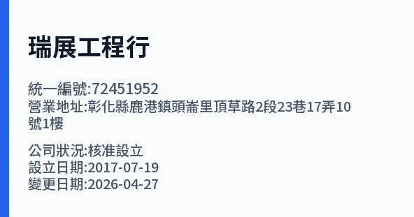 瑞展工程行的照片-統編 72451952(彰化縣) 公司登記資料與營業項目詳細圖表