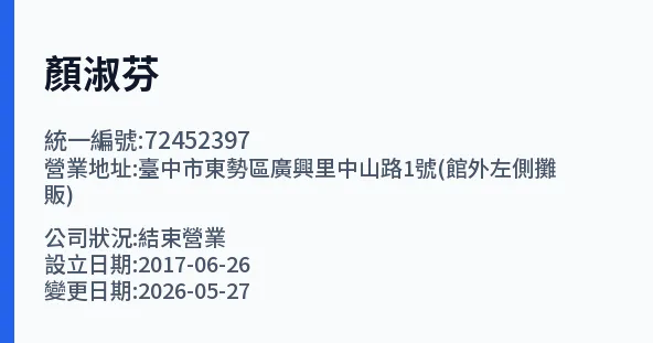 顏淑芬的照片-統編 72452397(臺中市) 公司登記資料與營業項目詳細圖表