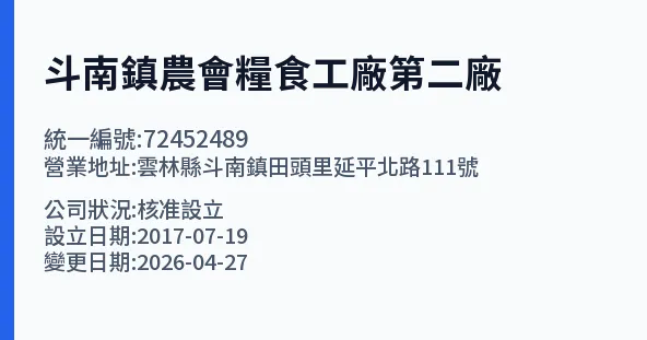 斗南鎮農會糧食工廠第二廠的照片-統編 72452489(雲林縣) 公司登記資料與營業項目詳細圖表