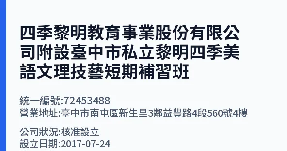 四季黎明教育事業股份有限公司附設臺中市私立黎明四季美語文理技藝短期補習班的照片-統編 72453488(臺中市) 公司登記資料與營業項目詳細圖表