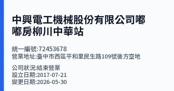 中興電工機械股份有限公司嘟嘟房柳川中華站的照片-統編 72453678(臺中市) 公司登記資料與營業項目詳細圖表