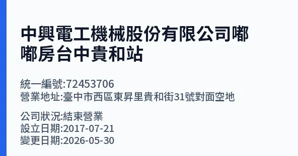 中興電工機械股份有限公司嘟嘟房台中貴和站的照片-統編 72453706(臺中市) 公司登記資料與營業項目詳細圖表