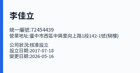 李佳立的照片-統編 72454439(臺中市) 公司登記資料與營業項目詳細圖表