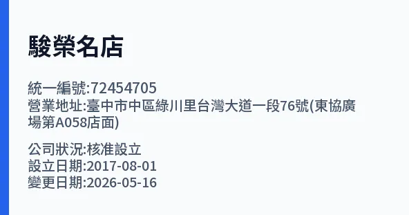 駿榮名店的照片-統編 72454705(臺中市) 公司登記資料與營業項目詳細圖表