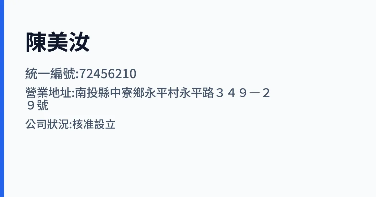 陳美汝 - 統編 72456210（南投縣） 公司登記資料與營業項目詳細圖表