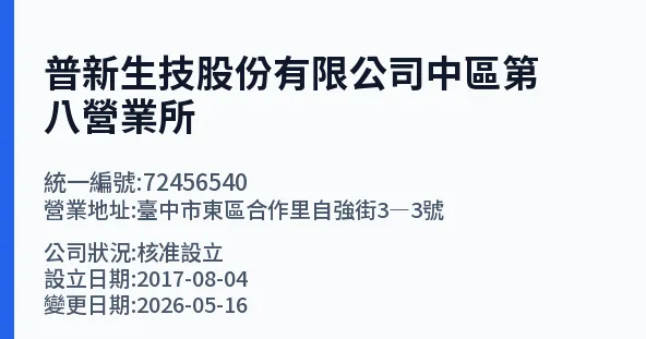 普新生技股份有限公司中區第八營業所的照片-統編 72456540(臺中市) 公司登記資料與營業項目詳細圖表