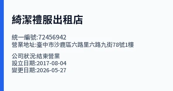 綺潔禮服出租店的照片-統編 72456942(臺中市) 公司登記資料與營業項目詳細圖表