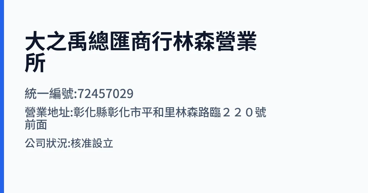 大之禹總匯商行林森營業所 - 統編 72457029(彰化縣) 公司登記資料與營業項目詳細圖表