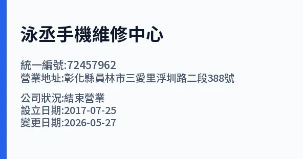 泳丞手機維修中心的照片-統編 72457962(彰化縣) 公司登記資料與營業項目詳細圖表