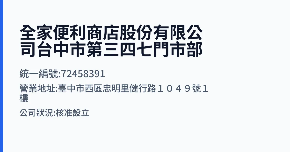 全家便利商店股份有限公司台中市第三四七門市部 - 統編 72458391(臺中市) 公司登記資料與營業項目詳細圖表