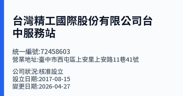 台灣精工國際股份有限公司台中服務站的照片-統編 72458603(臺中市) 公司登記資料與營業項目詳細圖表