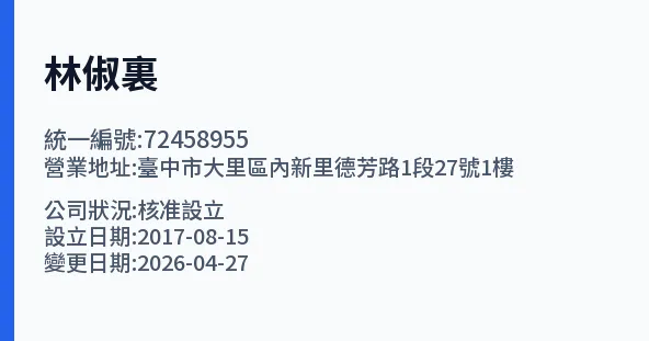 林俶裏的照片-統編 72458955(臺中市) 公司登記資料與營業項目詳細圖表