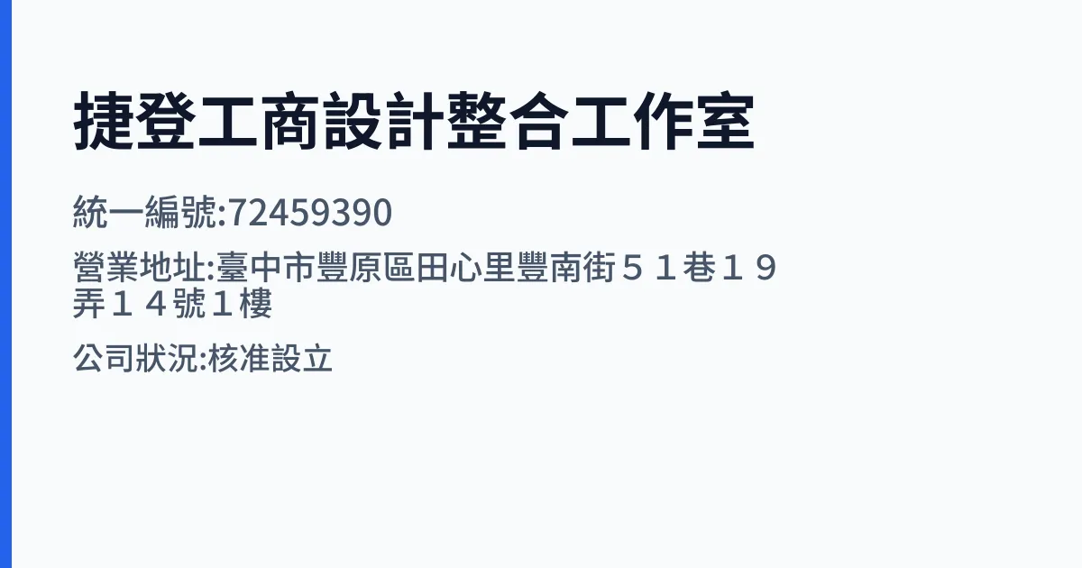捷登工商設計整合工作室 - 統編 72459390(臺中市) 公司登記資料與營業項目詳細圖表