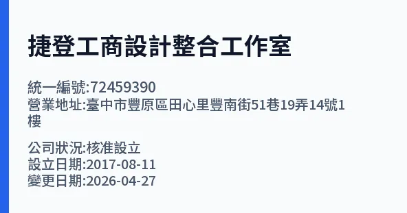 捷登工商設計整合工作室的照片-統編 72459390(臺中市) 公司登記資料與營業項目詳細圖表