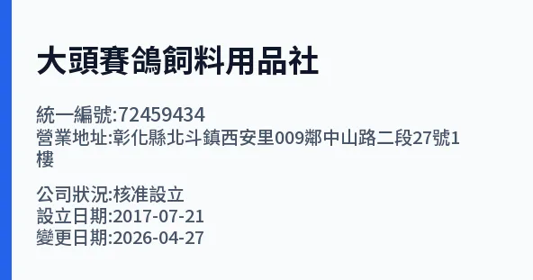 大頭賽鴿飼料用品社的照片-統編 72459434(彰化縣) 公司登記資料與營業項目詳細圖表