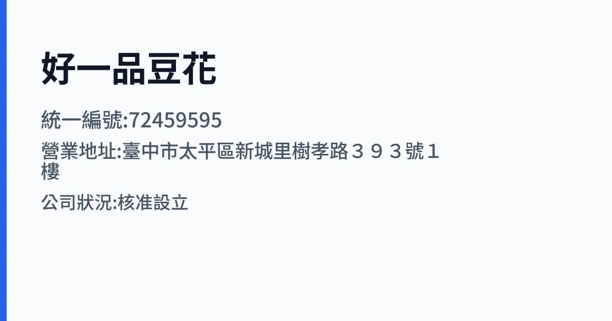 好一品豆花 - 統編 72459595(臺中市) 公司登記資料與營業項目詳細圖表