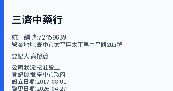 三濟中藥行的照片-統編 72459639(臺中市) 公司登記資料與營業項目詳細圖表