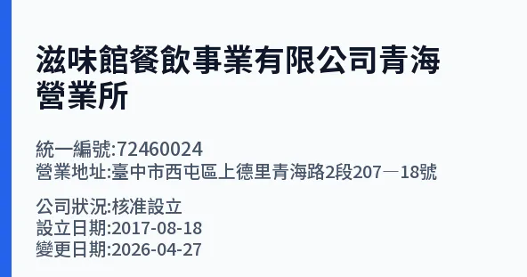 滋味館餐飲事業有限公司青海營業所的照片-統編 72460024(臺中市) 公司登記資料與營業項目詳細圖表