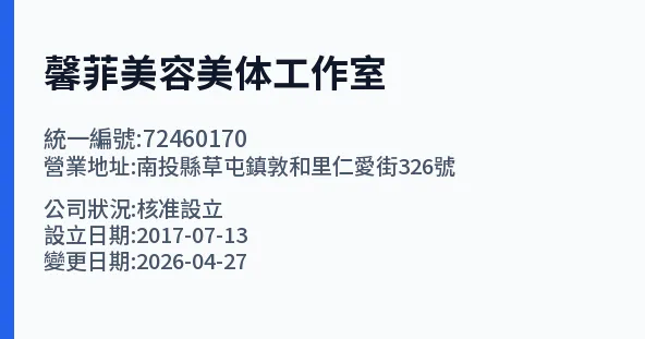 馨菲美容美体工作室的照片-統編 72460170(南投縣) 公司登記資料與營業項目詳細圖表