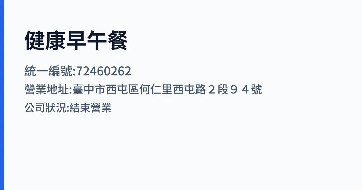 健康早午餐 - 統編 72460262(臺中市) 公司登記資料與營業項目詳細圖表