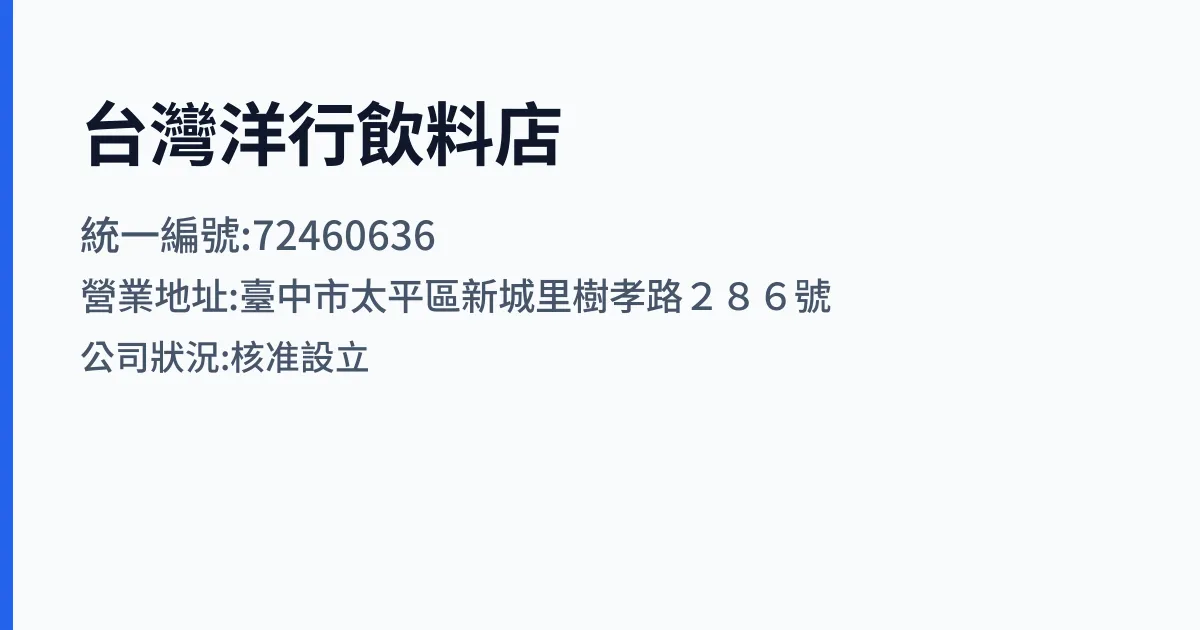 台灣洋行飲料店 - 統編 72460636(臺中市) 公司登記資料與營業項目詳細圖表