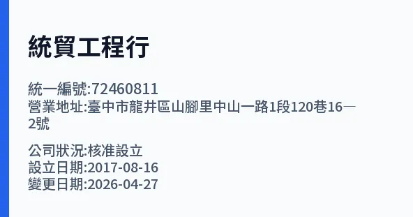 統貿工程行的照片-統編 72460811(臺中市) 公司登記資料與營業項目詳細圖表