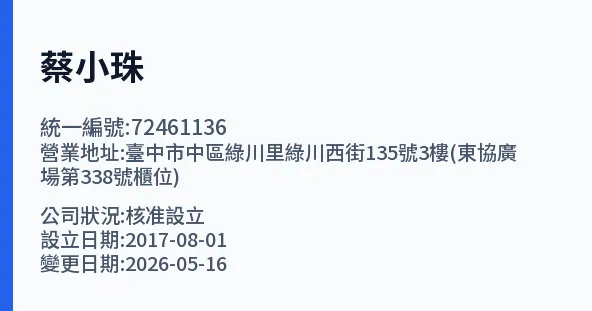 蔡小珠的照片-統編 72461136(臺中市) 公司登記資料與營業項目詳細圖表