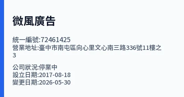 微風廣告的照片-統編 72461425(臺中市) 公司登記資料與營業項目詳細圖表
