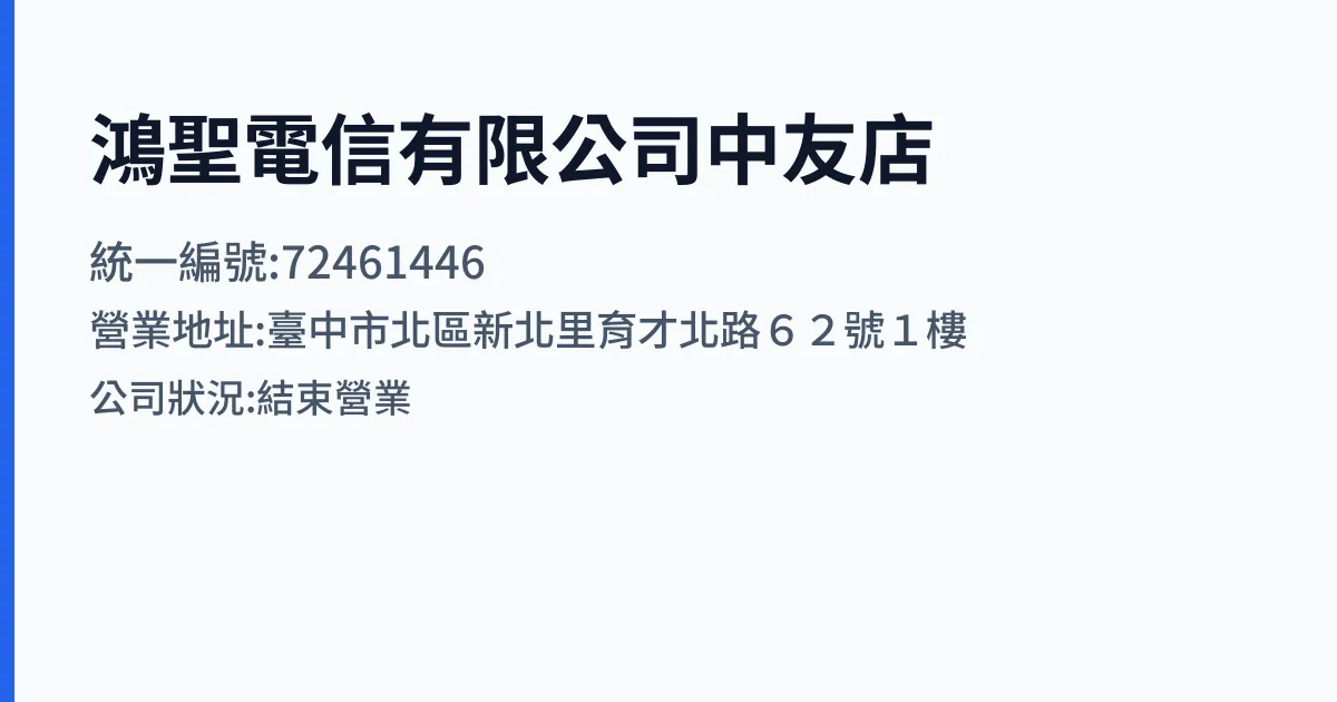 鴻聖電信有限公司中友店 - 統編 72461446(臺中市) 公司登記資料與營業項目詳細圖表