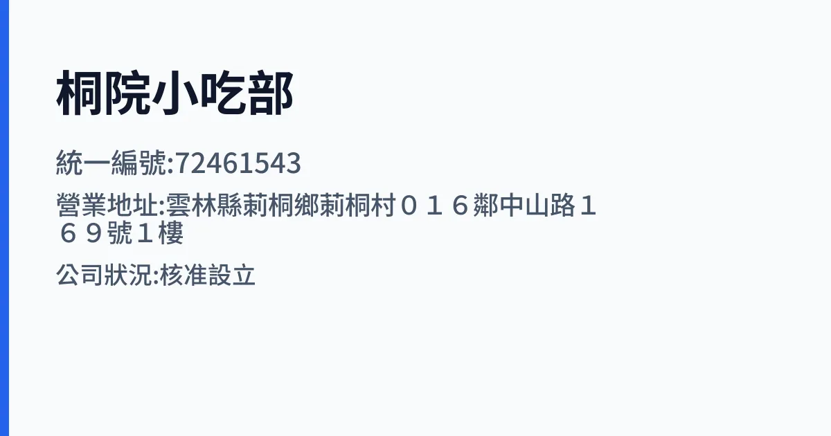 桐院小吃部 - 統編 72461543(雲林縣) 公司登記資料與營業項目詳細圖表