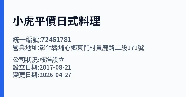 小虎平價日式料理的照片-統編 72461781(彰化縣) 公司登記資料與營業項目詳細圖表