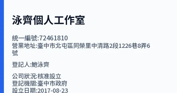 泳齊個人工作室的照片-統編 72461810(臺中市) 公司登記資料與營業項目詳細圖表
