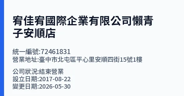 宥佳宥國際企業有限公司懶青子安順店的照片-統編 72461831(臺中市) 公司登記資料與營業項目詳細圖表