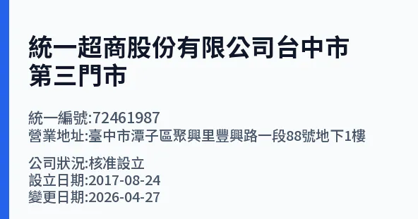 統一超商股份有限公司台中市第三門市的照片-統編 72461987(臺中市) 公司登記資料與營業項目詳細圖表