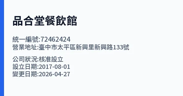 品合堂餐飲館的照片-統編 72462424(臺中市) 公司登記資料與營業項目詳細圖表