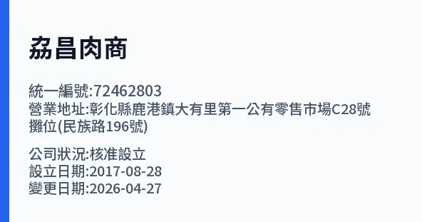 劦昌肉商的照片-統編 72462803(彰化縣) 公司登記資料與營業項目詳細圖表