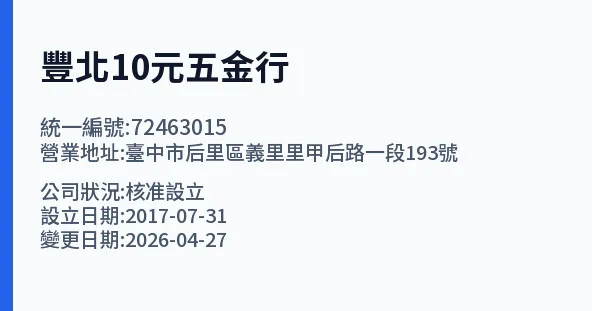 豐北10元五金行的照片-統編 72463015(臺中市) 公司登記資料與營業項目詳細圖表