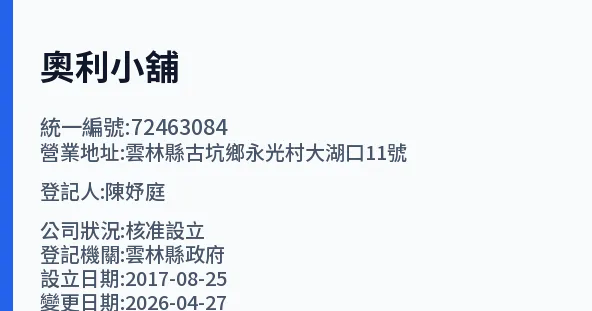 奧利小舖的照片-統編 72463084(雲林縣) 公司登記資料與營業項目詳細圖表