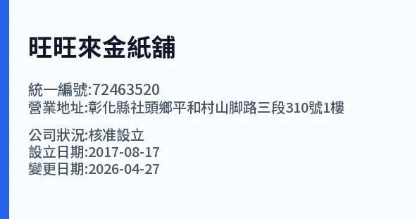 旺旺來金紙舖的照片-統編 72463520(彰化縣) 公司登記資料與營業項目詳細圖表